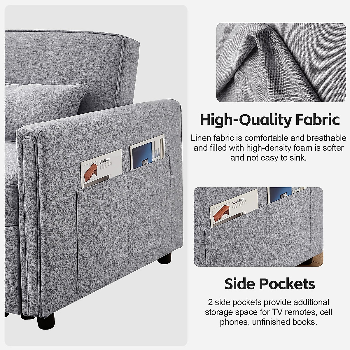 JEEOHEY 3-in-1 Convertible Sleeper Sofa Bed,54" Modern Linen Pull Out Couch Bed,Comfy Futon Small Love Seat Sofa with Adjustable Backrest&Pillows for Living Room,Bedroom,Apartment(Grey)