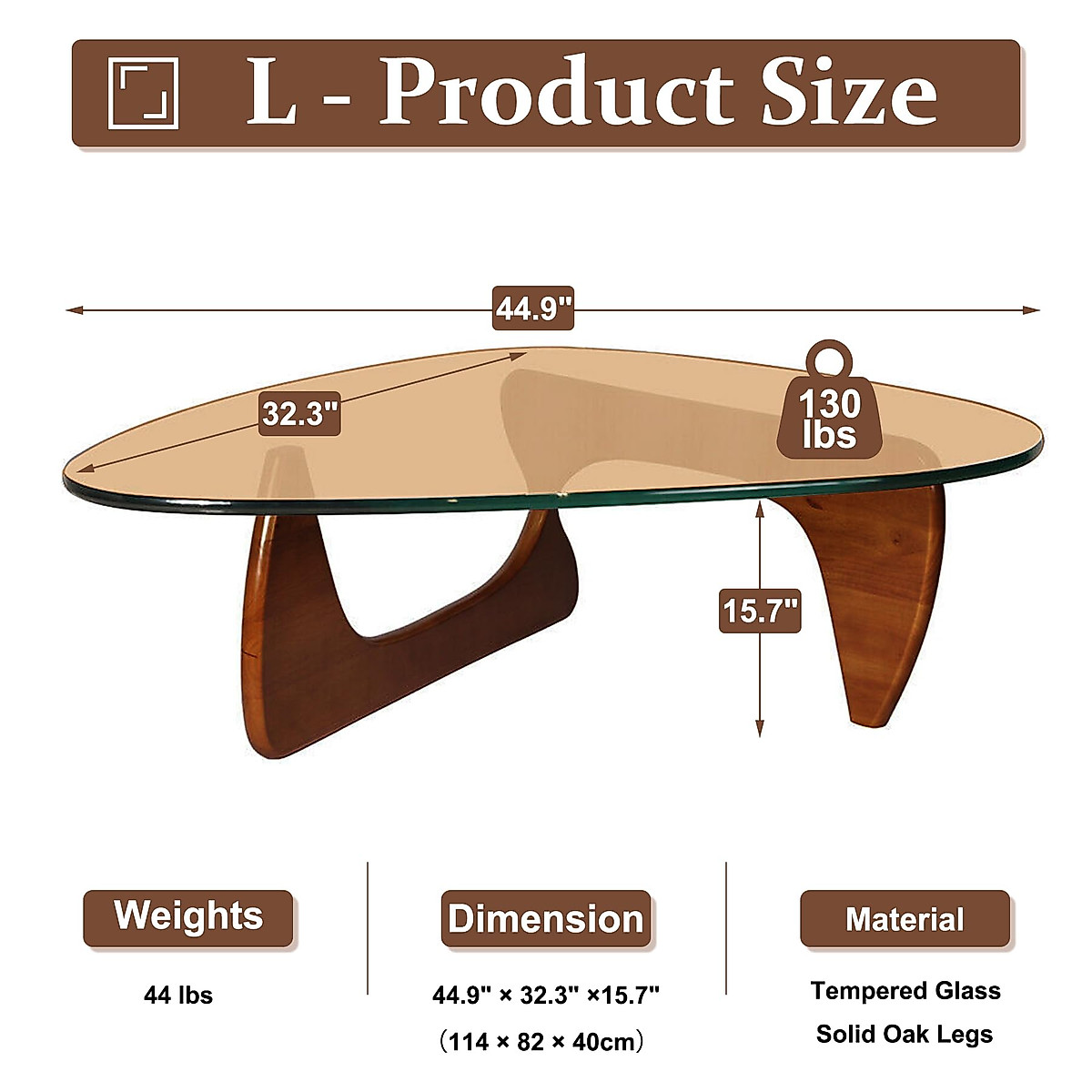 Mid-Century Modern Coffee Table - Triangle Glass Top Natural Wood Base Triangle Coffee Table for Living Room Patio Office Abstract End Tables (Walnut/Brown, Large 45 * 32.3 * 15.7)