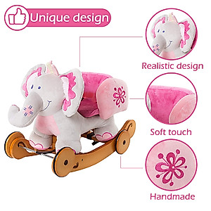 labebe - Plush Rocking Horse, Pink Ride Elephant, Stuffed Rocker Toy for Child 1-3 Year Old, Kid Ride On Toy Wooden, 2 In 1 Rocking Animal with Wheel for Infant/Toddler(Girl&Boy),Nursery Birthday Gift