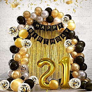 MOVINPE 21st Black Gold Birthday Party Decoration, Happy Birthday Banner, Jumbo Number 21 Foil Balloon, 2 Fringe Curtain, Latex Confetti Balloon, Table Confetti for Boy Girl Men Women Anniversary