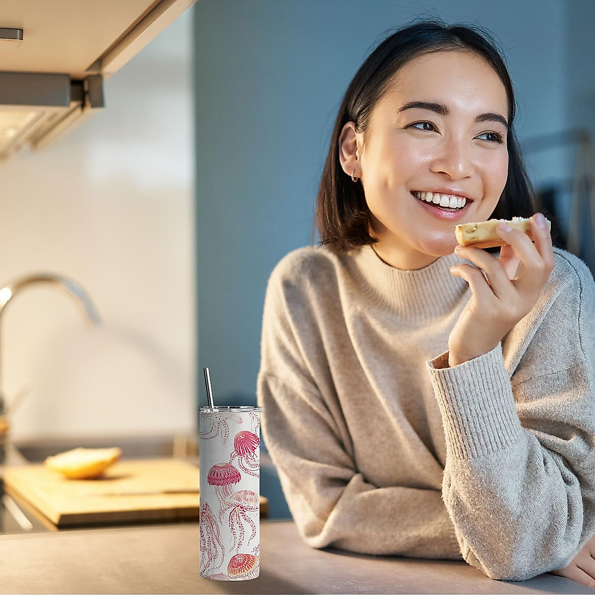 Medpol Minimalism jellyfish print cups tumbler with lid and straw 20 oz insulated tumbler，Colorful jellyfish cute sippy cups stainless insulated travel coffee mugs for women