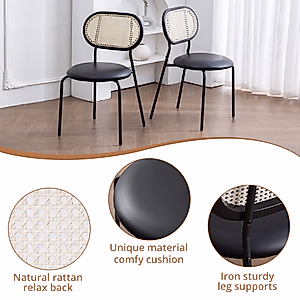 Centiar Velvet Faux Leather Dining Chair Set of 4,Rattan and Wood Backrest with Metal Legs,Modern Mid-Century Industrial Upholstered Round seat Chairs Suitable for Home,Bistro Coffee Shops,18",Black