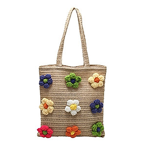 100% Handmade Pom Pom Flowers Straw Tote, Organic Knitted Flowers Womens Bag (Light beige)