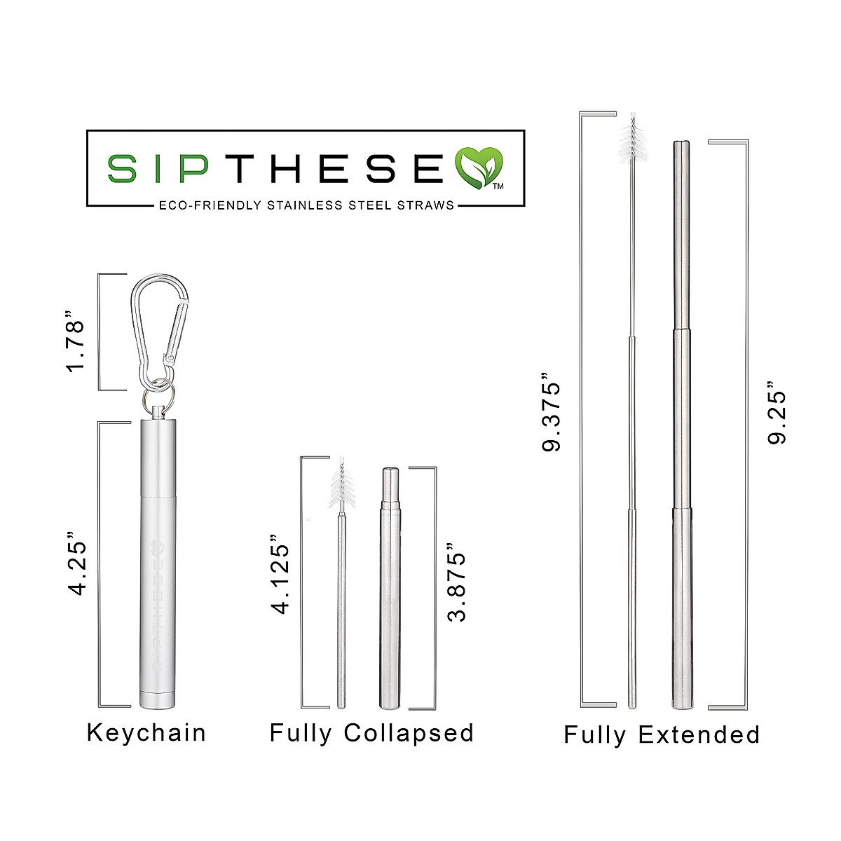 SipThese Collapsible Straw With Retractable Cleaning Brush In Keychain. 4 Angled Stainless Steel Straws With Silicone Tips. 1 Straw Cleaning Brush And Travel Bag. Eco Friendly Reusable Straws