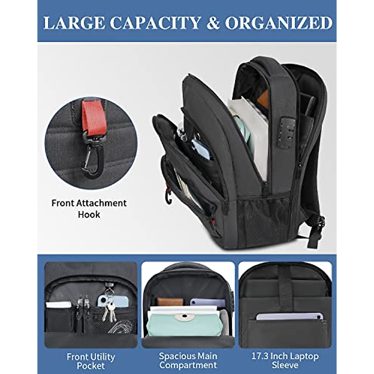 Anti Theft Travel Backpack for Men, 17 Inch Laptop Backpack with USB Charging Port & Lock, Large TSA Water Resistant Lockable Lightweight Casual Daypack College Business Work Computer Bag, Black