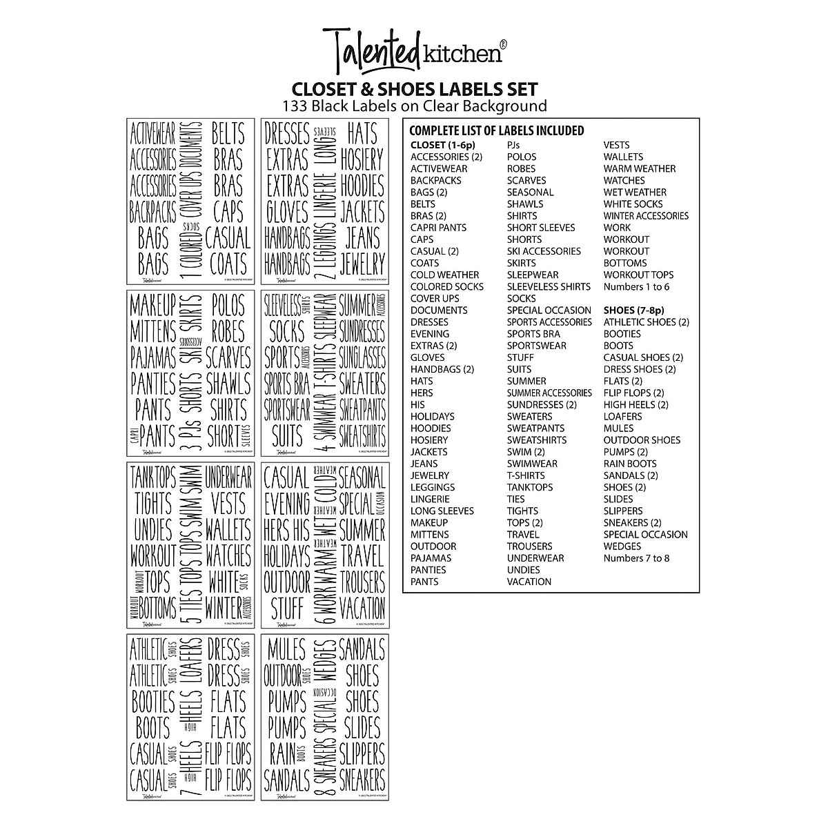 Talented Kitchen 133 Closet Labels for Bins and Baskets, Preprinted Water Resistant Stickers for Organizing Clothing and Storage Containers (All Caps)