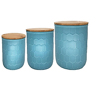 First of a Kind Kitchen Canisters - Blue Stoneware Canisters with Bamboo Lids, Set of 3 Storage Canister Container Set - Honeycomb Design, Ceramic Food Canister Jars for Tea, Sugar & Flour Storage