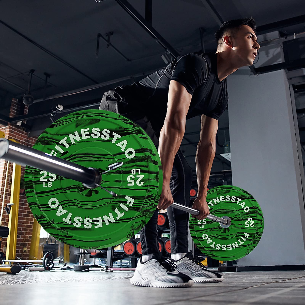 FITNESSTAO Olympic Bumper Plates, 10LB-45LB Rubber Weight Plates with 2" Stainless Steel Hub, Barbells Weight Plates for Weightlifting, Strength Training, Muscle Toning, Crossfit in Home & Gym 25LB-1