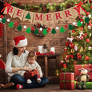 2Pcs Merry Christmas Banner, Be Merry Burlap Banner Felt Ball Christmas Tree Pom Pom Garland Happy Holidays Banner for Mantle Fireplace Christmas Xmas Party Holiday Decorations Home Outdoor Indoor
