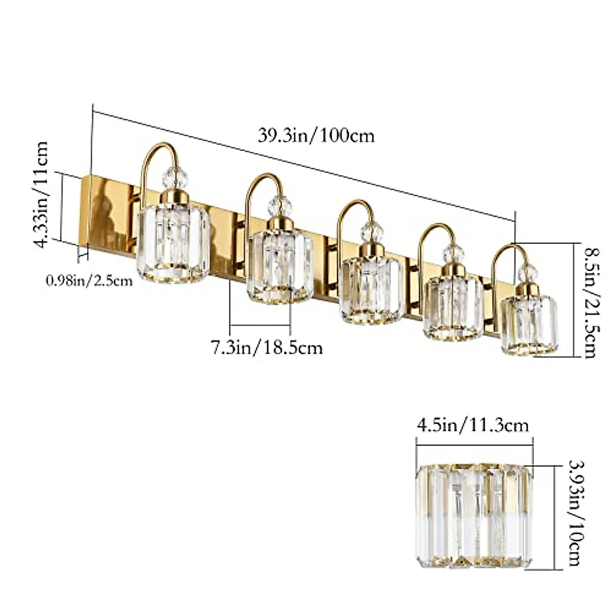 Ralbay Crystal Bathroom Vanity Lights 5-Lights Brass Gold Crystal Bathroom Vanity Lights Over Mirror Modern Crystal Gold Bathroom Wall Lighting Fixtures