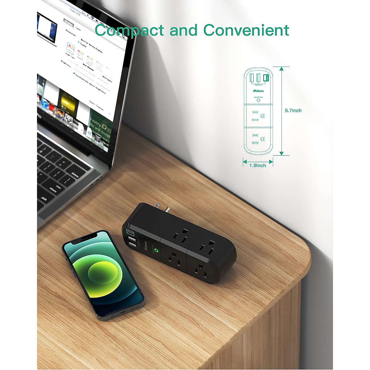 USB Outlet Extender Surge Protector - with Rotating Plug, 1800 Joules, 6 AC Multi Outlet and 3 USB Ports (1 USB C), 3-Sided Swivel Power Strip with Spaced Splitter for Home, Office, Travel