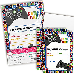 Game On! Video Gamer Birthday Party Fill In Invitations, 20 5x7 Fill In Cards with Twenty White Envelopes by AmandaCreation