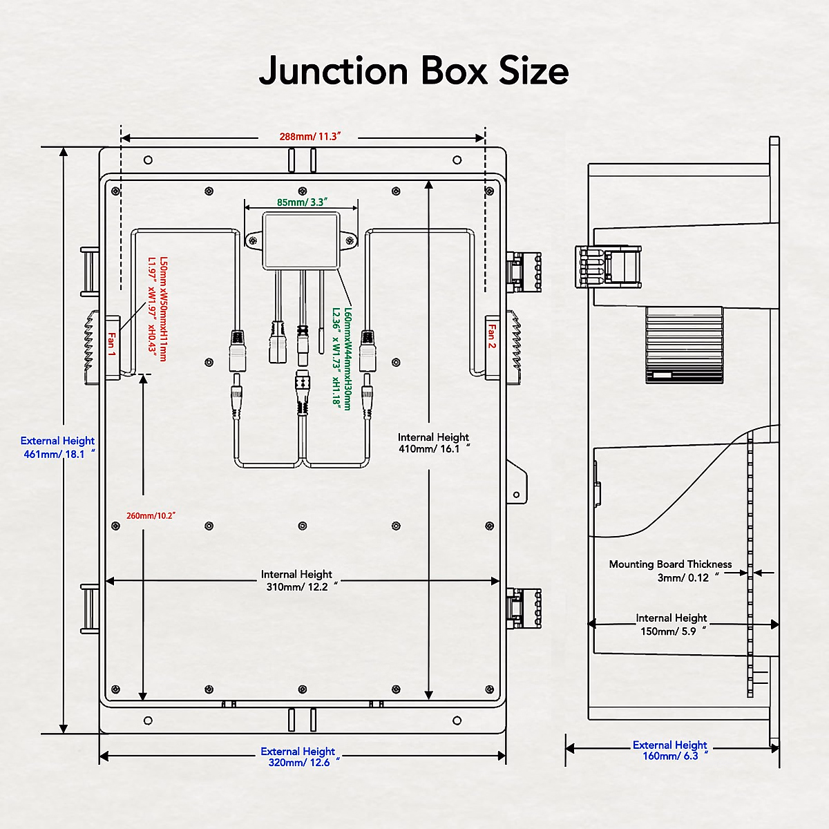 AKWscyby Outdoor Electrical Box, Junction Box with Fan & Thermostat & Power Adapter, Mounting Plate, Dust Screen, Mounting Brackets and Hinged Lid (18.1"Hx 12.5"L x 6.3"W)