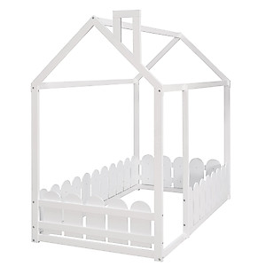 MERITLINE Twin House Bed for Kids Wood Playhouse Bed Frame with Rails & Roof, Montessori Floor Bed for Girls Boys Teens (White)