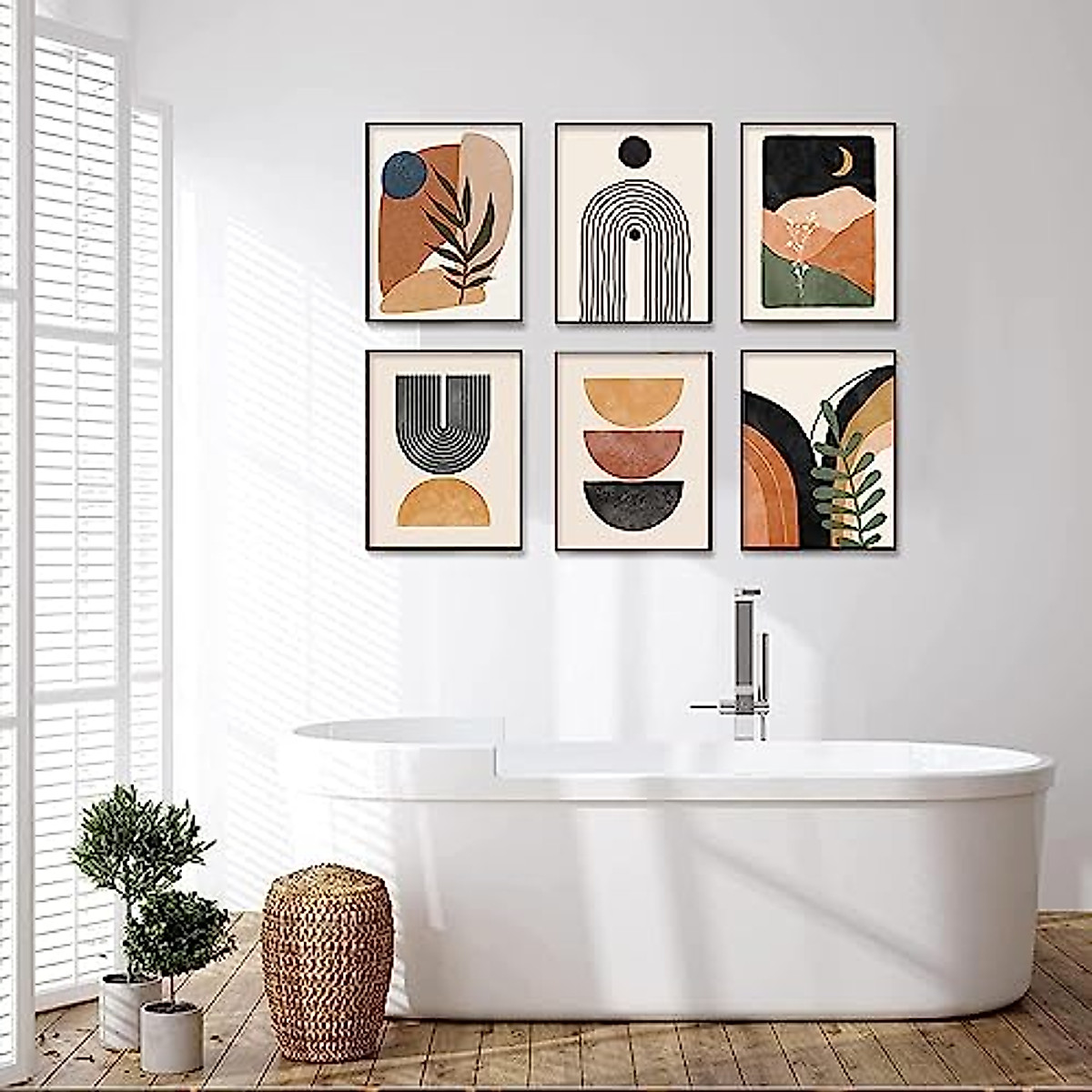 6pcs Frameless Abstract Geometric Canvas Painting Boho Mid-Century Modern Wall Art Minimalist Wall Art Black Beige Neutral Abstract Geometric Print Room Poster Suitable For Living Room Bathroom