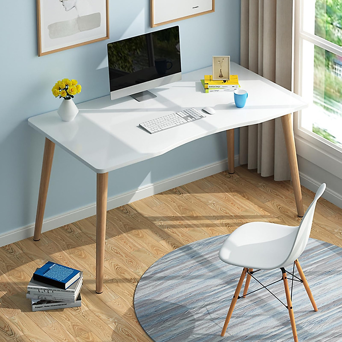 Writing Desks for Home Office, Wood Computer Desk, Modern Simple Style Home Office Gaming Desk, Basic Writing Table for Small Spaces, Laptop Computer Table, Study Desk with Solid Legs (White)