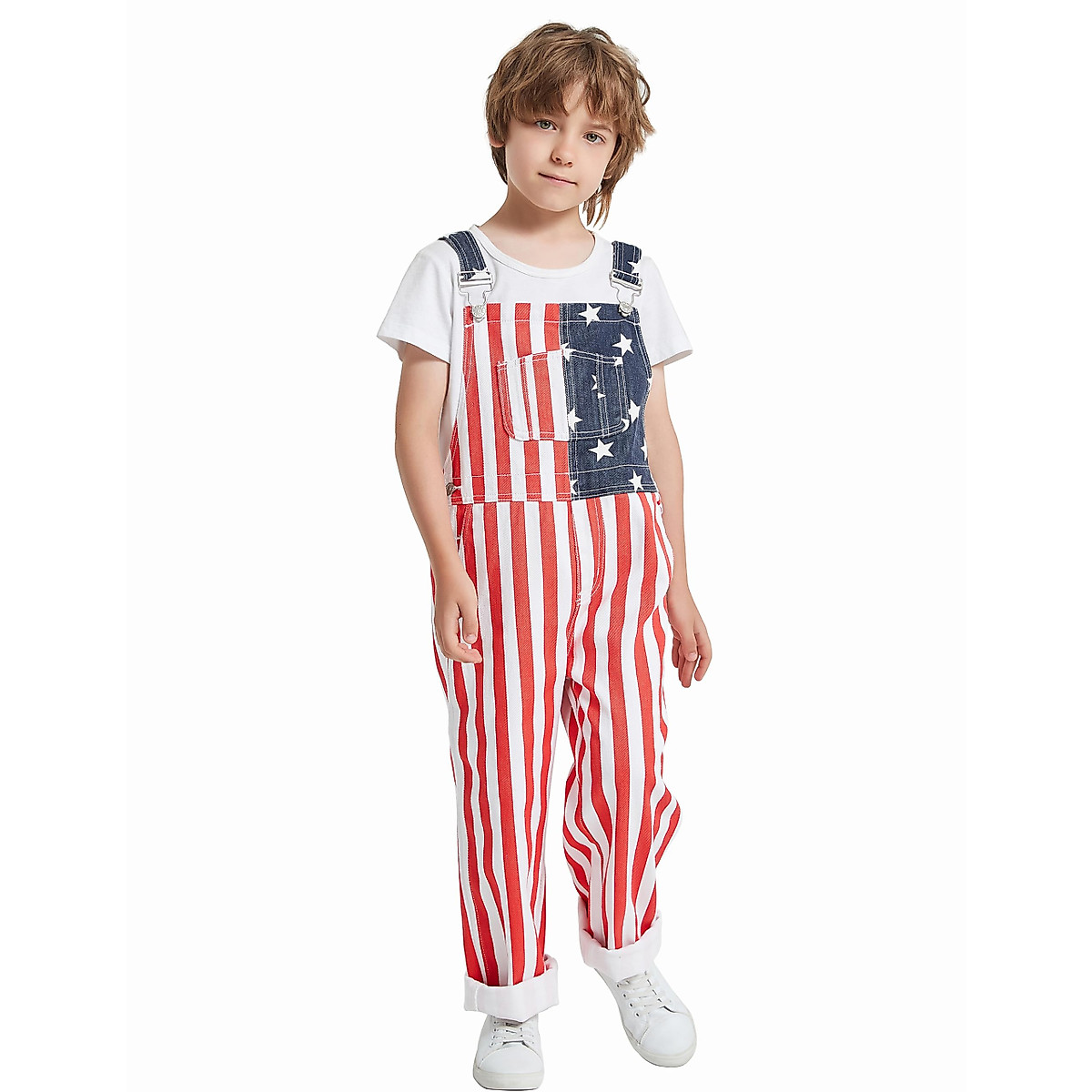 Boys Overalls Denim 3-14 Years American Flag Jeans Bibs Overalls July 4th Striped Patriotic Jumpsuit &Rompers(red,8)