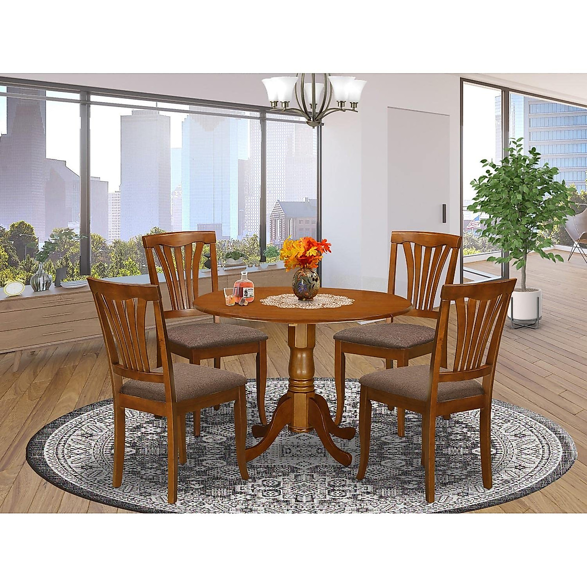 East West Furniture DLAV5-SBR-C 5 Piece Dinette Set for 4 Includes a Round Dining Table with Dropleaf and 4 Linen Fabric Dining Room Chairs, 42x42 Inch, Saddle Brown