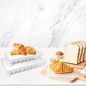 Dulcet Delights Metal Rectangle Eyelet Cake Stands with Lattice Borders – Cake stands for Birthdays, Weddings, Parties and Events - 14 ½"L x 6 ½”W x 3 ¼”H and 17 ½"L x 9 ½”W x 3 ¼”H – Set of 2 – White