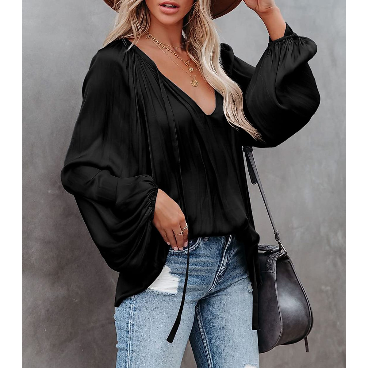 LAMISSCHE Womens Sexy Deep V Neck Blouse Lantern Long Sleeve Chiffon Shirt Oversized Drawstring Silk Satin Tunic(Black,L)