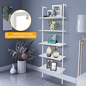 ANTSKU 5 Tier Wall Mounted Ladder Shelf, Ladder Bookshelf with Metal Frame and Wood Shelf, Modern Learning Bookcase for Living Room, Bedroom, Office (23.6" W x 11.8" D x 70.8" H, White)
