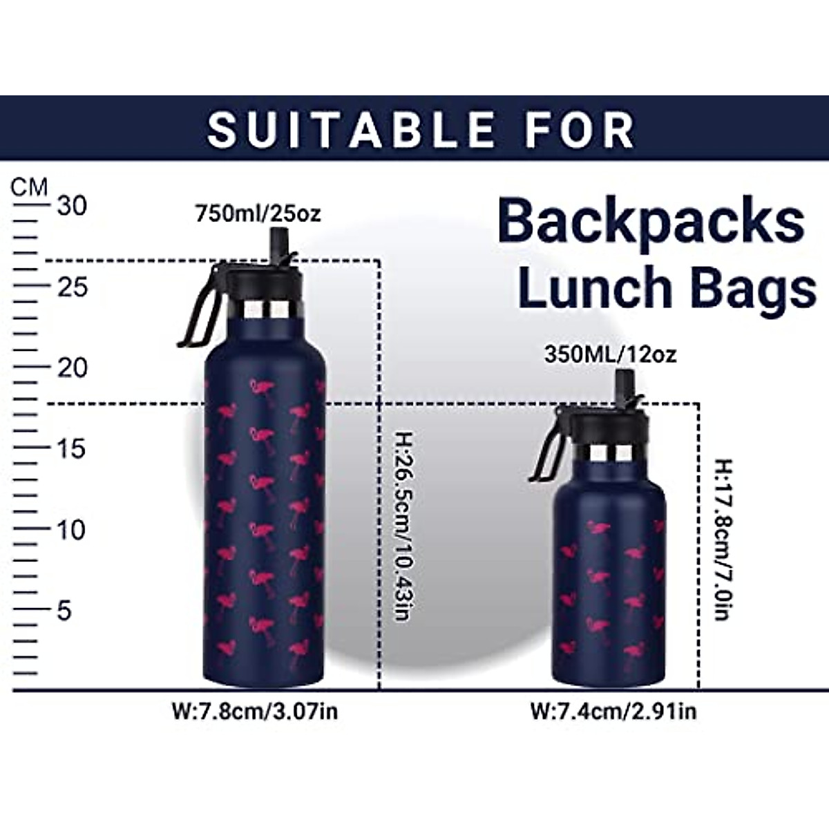 QISSZION Kids Insulated Bottle with Handle & Straw 12oz, Vacuum Stainless Steel Water Bottles Leakproof for School, BPA Free Flask Metal Thermos for Boys & Girls - Flamingo