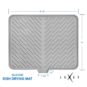 Luxet Silicone Dish Drying Mat with Built-in Drain Lip - Hygienic Drying Pad - Sturdy Compact Easy to Clean Tray Protects Surfaces Prevents Water Build Up -16.5 x 13 Inches (grey)