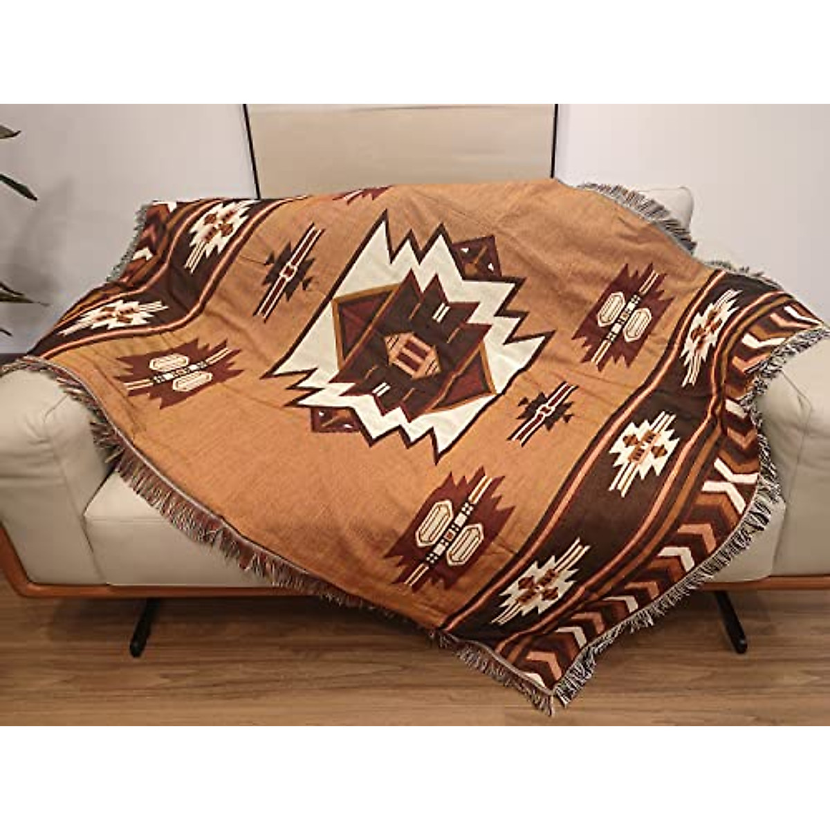 CCHYF Aztec Throw Blanket Native American Blanket Southwestern Boho Decor Reversible Woven Tassels Mexican Blankets and Throws for Couch Bed Chair Wall Tapestry Livingroom Outdoor Beach Brown 51"x63"