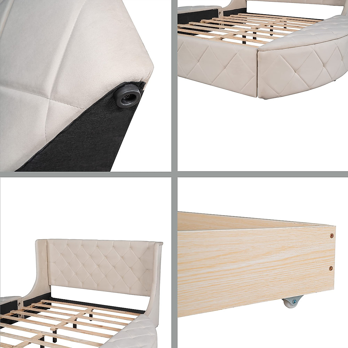 Velvet Upholstered Queen Platform Bed with Storage, Queen Size Bed Frame with Headboard, 1 Big Drawer and 2 Side Storage Stool, Strong Wooden Slats/Easy Assembly/Beige