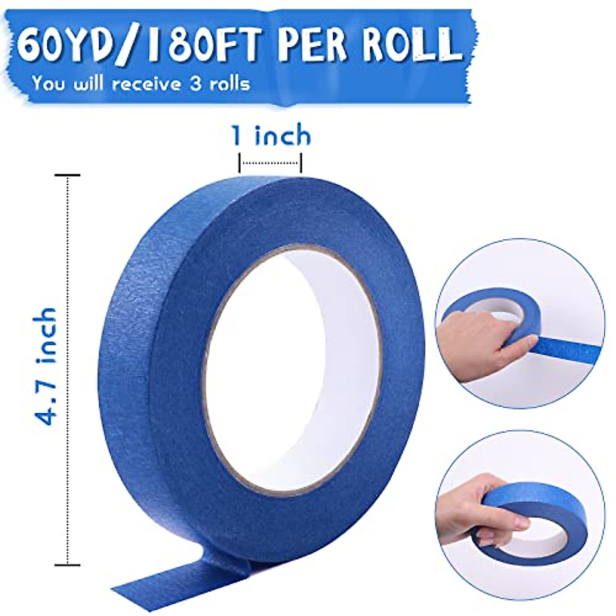 HTVRONT Blue Painters Tape - 1 Inch x 60 Yards x 3 Rolls Masking Tape, Multi-Surface Painters Tape, Paint Tape for Wall, Painting, Craft, Art Supplies, Clean Release Painter's Blue Tape