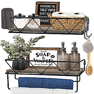 QEEIG Floating Shelves - Bathroom Shelves with Towel Bar Wall Mounted Shelf Farmhouse Bathroom Decor 16 inch Set of 2 (FS014)