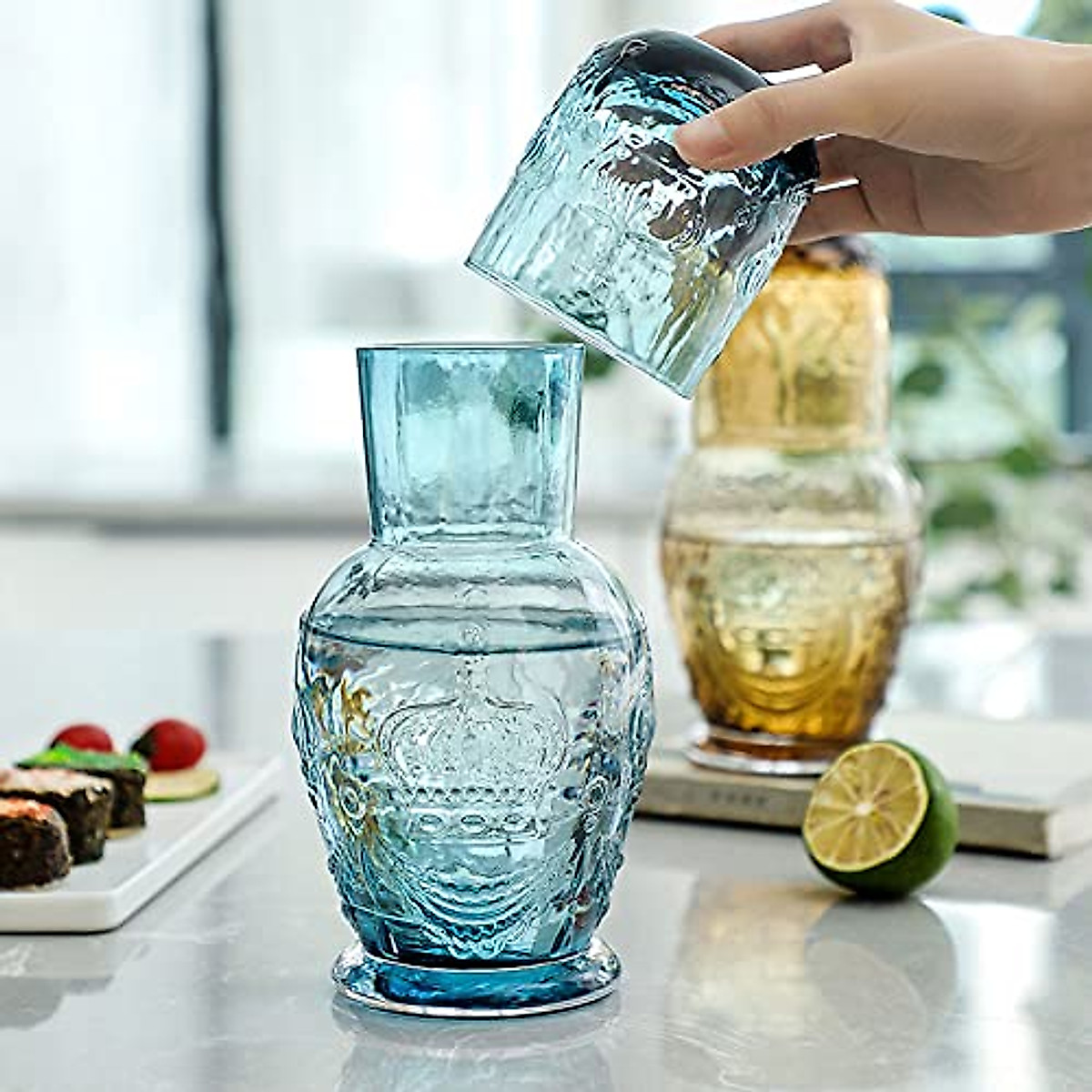 RockTrend Retro Crown Relief Clear Glass Bedside Night Water Carafe with Tumbler Glass, Pitcher And Cup Night Set