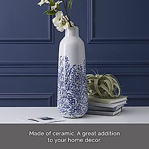 Scott Living Blue and White Ceramic Vase, for Use with Faux or Dried Flowers, 4.92x4.92x14.96 Inch