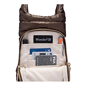 WanderFull Original Crossbody HydroBag | Quilted Water Bottle Carrier | Puffer Tote Tumbler Holder with Pockets for Phone & Accessories | Carry Travel Essentials (Chocolate Brown Shiny/Solid Strap)