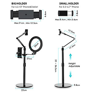 viozon 3-in-1 Selfie Desktop Live Stand, Height Adjustable/Overhead, 8" LED Ring Light, Compatible with 3.5-13" Tablet& Phone, Suitable for YouTube/Tiktok/Recording/Streaming/Online Meeting-B