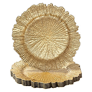 MAONAME Round 13" Gold Charger Plates, Set of 6, Reef Plate Chargers for Dinner Plates, Plastic Table Chargers for Wedding, Thanksgiving, Christmas