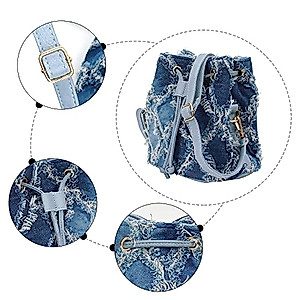 Hyuyikuwol Women Denim Mini Bucket Shoulder Crossbody Bag Drawstring Quilted Distressed Tassel Barrel Shape Satchel Purse, Blue