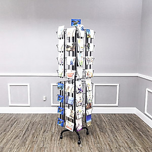 64 Adjustable Pockets Display Rack 5x7 7x5 up to 9.3" Wide X 8" Tall Cards, 1.27" deep Pockets, Double Tier Greeting Post Card Christmas Holiday Spinning Rack Stand Black 11603-L-BLK-NPF-SL