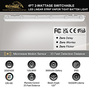 4FT Tri-Level Sensor LED Vapor Tight Emergency Light w/Remote, Battery Backup IP65 40W 5000lm Waterproof LED Outdoor Shop Light, 5000K, 100-277V, 0-10V Dimmable 4 Foot Carport Vapor Proof Fixture, FCC