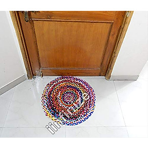 iinfinize Jute Cotton Pray Mat Yoga Mat Indian Dyed Chindi Rug Cotton Carpet 24" Handmade Door Mat Traditional Reversible Use Floor Area Rug