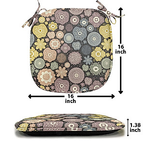 Lunarable Floral Chair Seating Cushion Set of 4, Illustration of Blooming Flowers from Spring Season in Vintage Style, Anti-Slip Seat Padding for Kitchen & Patio, 16"x16", Dark Grey and Multicolor