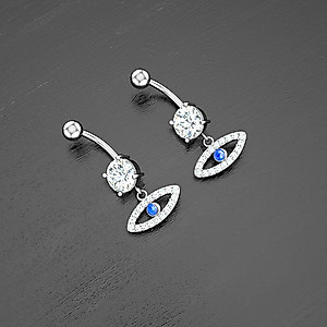 Evil Eye Belly Button Rings Surgical Steel Sexy Moon Dangle Zircon Stainless Steel Cute Dainty Boho Crescent Moon Demon Eye Belly Dangle Button Ring Set Hypoallergenic Body Piercing Jewelry (Silver)