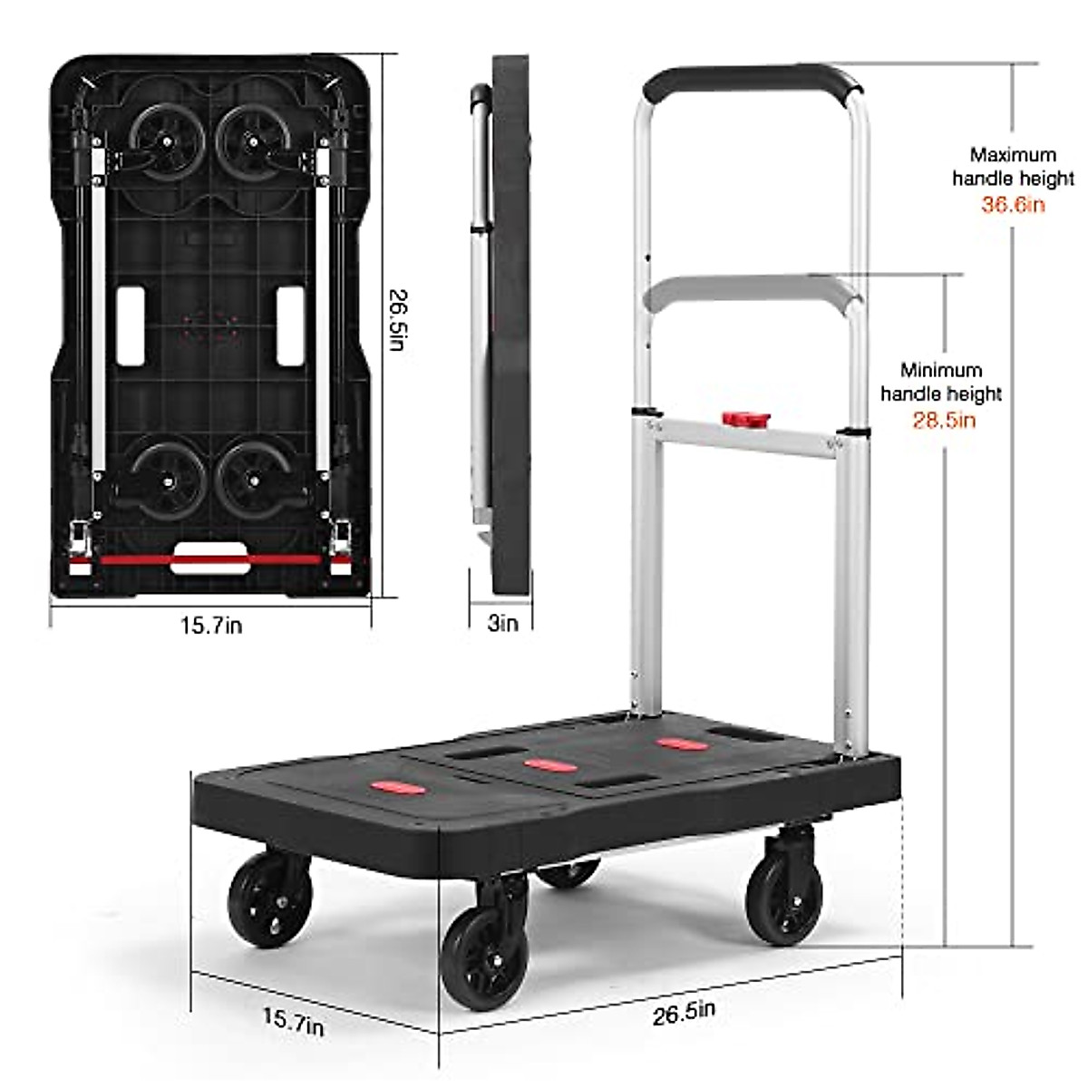 nisboigr Push Dolly Cart Foldable Platform Hand Truck 330lb Weight Capacity with 360 Degree Swivel Wheels for Garage Garden Home & Office Use, Black