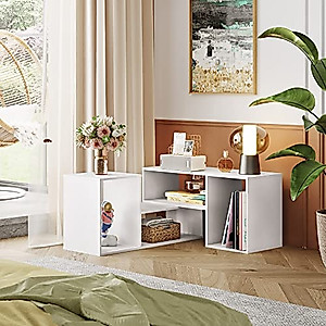 DEVAISE Flat Screen TV Stand for 43 45 55 inch TV, Modern Entertainment Center with Storage Shelves, Media Console Bookshelf for Living Room, White