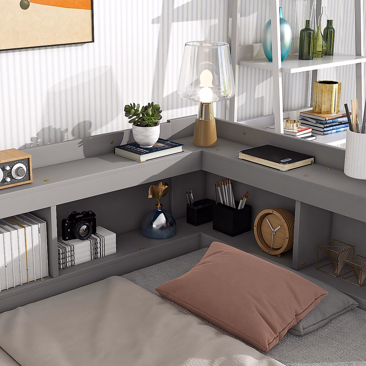 DNChuan Twin Size L-Shaped Corner Daybed with Bookcase Headboard,Captains Bed with Underneath Storage Drawers for Kids Adults,No Box Spring Needed,Grey