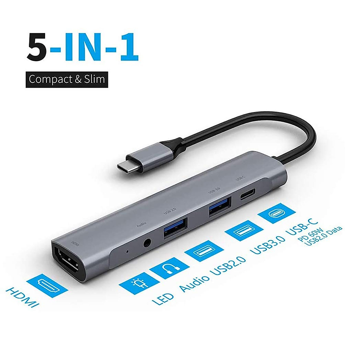 USB C HUB, 5 in 1 Type C Port Adapter with HDMI 4K, 3.5mm Audio Output, USB 3.0, USB 2.0, USB-C PD Charging, Type-C Docking Station for MacBook pro, iPad, Nintendo