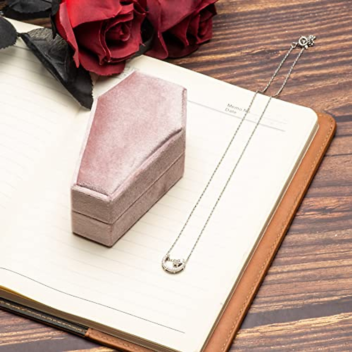 Giftop Velvet Coffin Necklace Box Pendant Case for Accessories Gothic Home Jewelry Organizer Decorations Goth Decor Gifts (Pink)