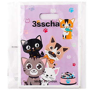 3sscha 50Pcs Cat Party Favor Bag Cute Cat Themed Purple Waterproof Goodies Cookies Bag with Die Cut Handles Animals Pet Paw Glossy Plastic Candy Gift Bags for Kid Birthday Party Decoration Supplies