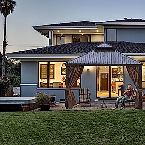 NANONYY 12’ X 12’ Hardtop Gazebo Sturdy Aluminum Construction with Galvanized Steel Double Roof Outdoor Gazebo for Patio, Lawn and Garden. Includes Curtains and Netting .Brown