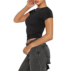 REORIA Women's Summer Casual Basic Mock Neck Short Sleeve Double Lined Going Out Trendy Y2K T Shirts Crop Tops Black X-Large